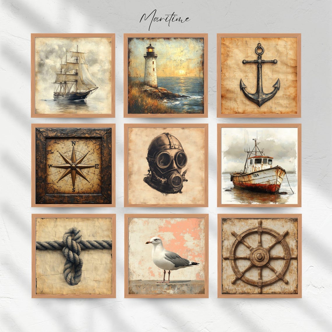 Square Vintage Maritime Art Set of 9, Printable Wall Art, Nautical ...