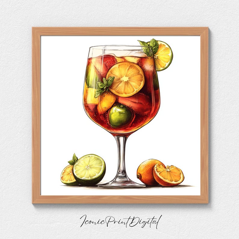 Square Minimalist Sangria Cocktail Wall Art, Fruit and Wine Line Art ...