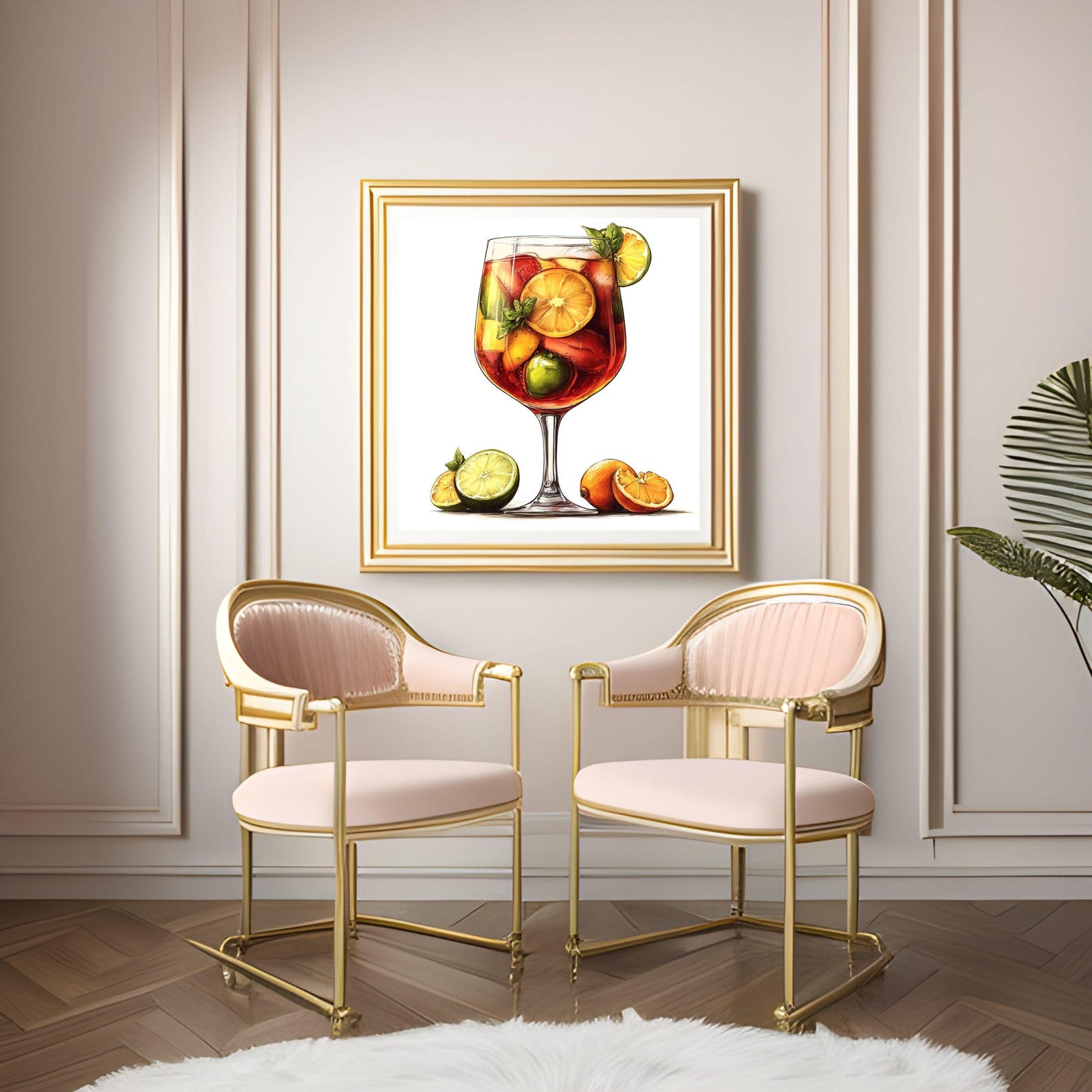 Square Minimalist Sangria Cocktail Wall Art, Fruit and Wine Line Art ...