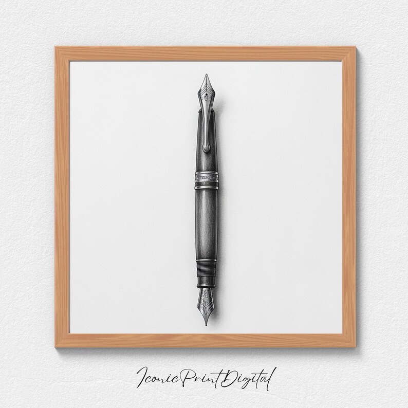 Square Classic Fountain Pen Sketch Art, Black and White Printable Wall ...