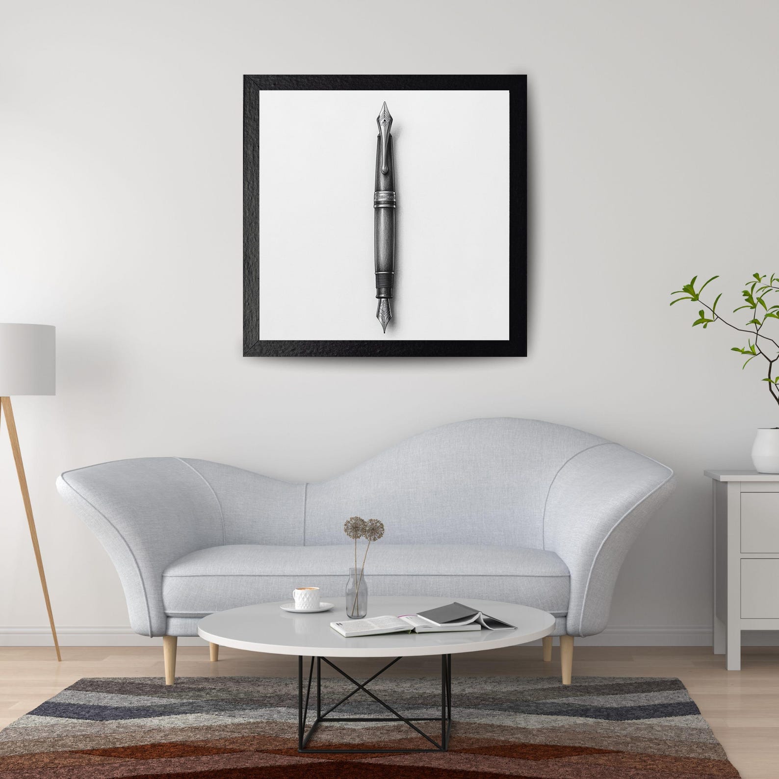 Square Classic Fountain Pen Sketch Art, Black and White Printable Wall ...