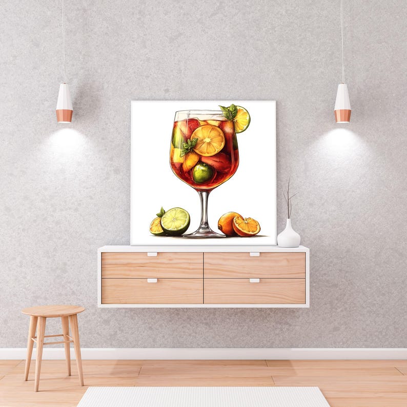 Square Minimalist Sangria Cocktail Wall Art, Fruit and Wine Line Art ...