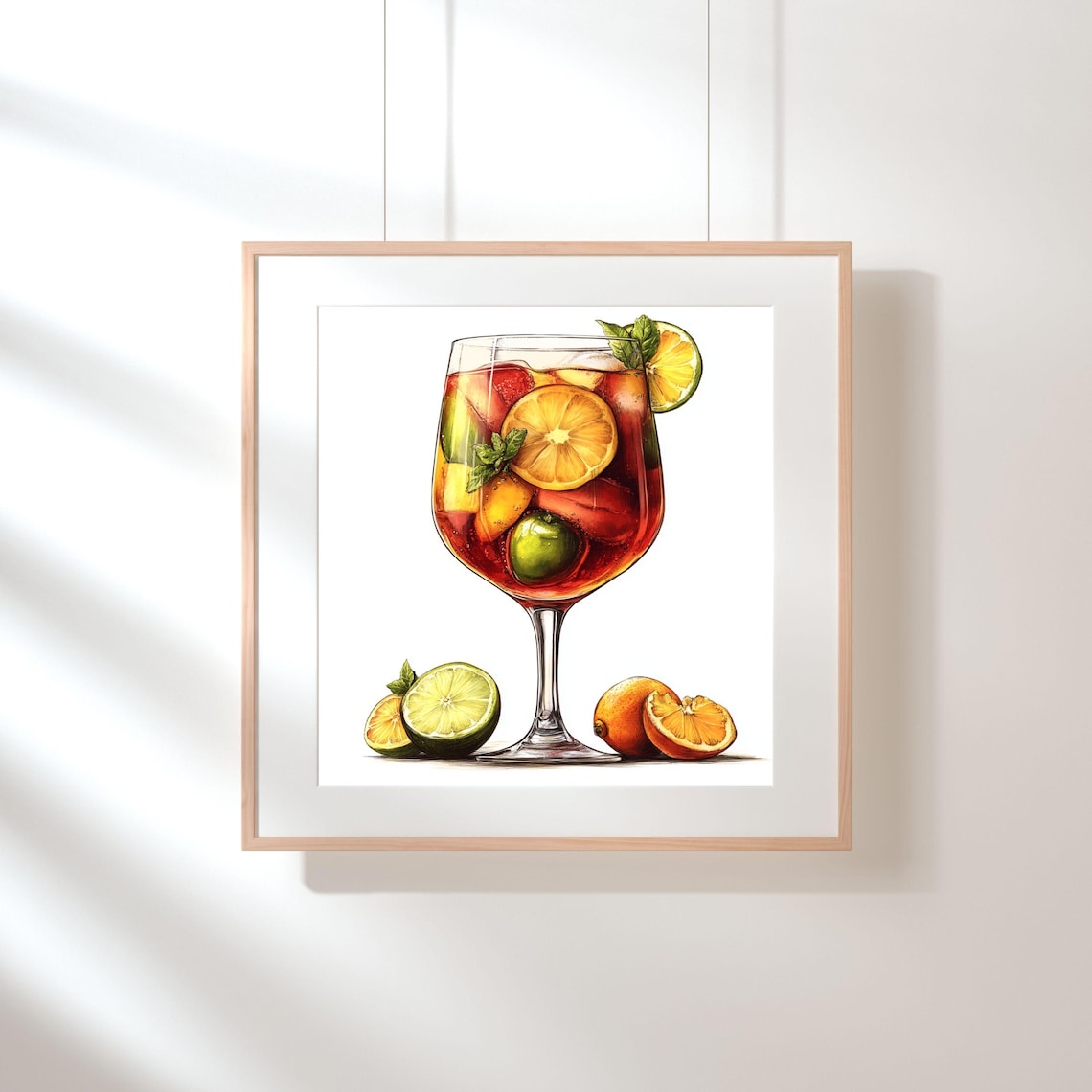 Square Minimalist Sangria Cocktail Wall Art, Fruit and Wine Line Art ...