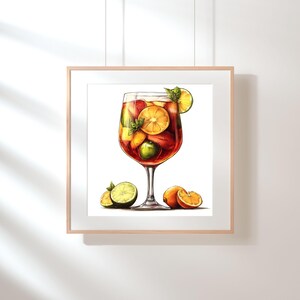 Square Minimalist Sangria Cocktail Wall Art, Fruit and Wine Line Art ...