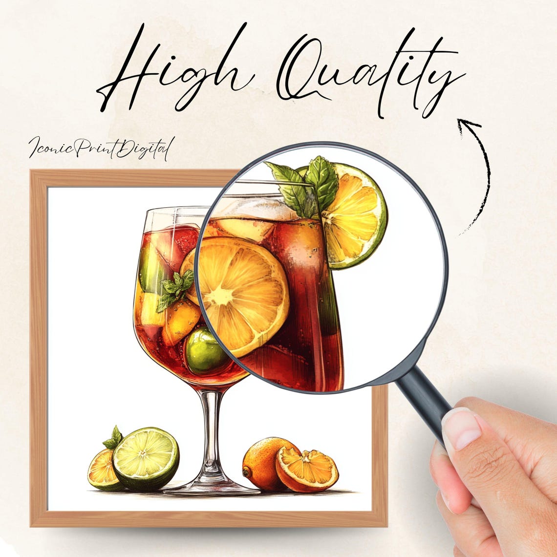 Square Minimalist Sangria Cocktail Wall Art, Fruit and Wine Line Art ...
