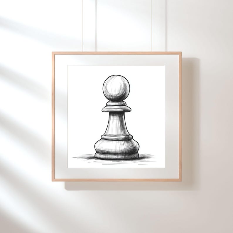 Square Pawn Chess Piece Sketch Art, Black and White Printable Wall Art ...