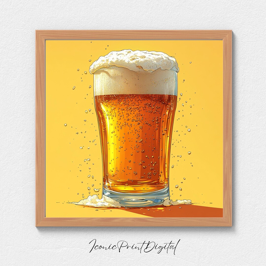 Square Minimalist Beer Glass Wall Art, Golden Foam Drink Line Art ...
