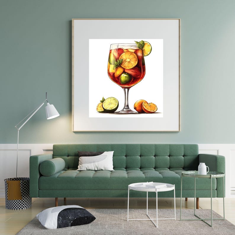 Square Minimalist Sangria Cocktail Wall Art, Fruit and Wine Line Art ...