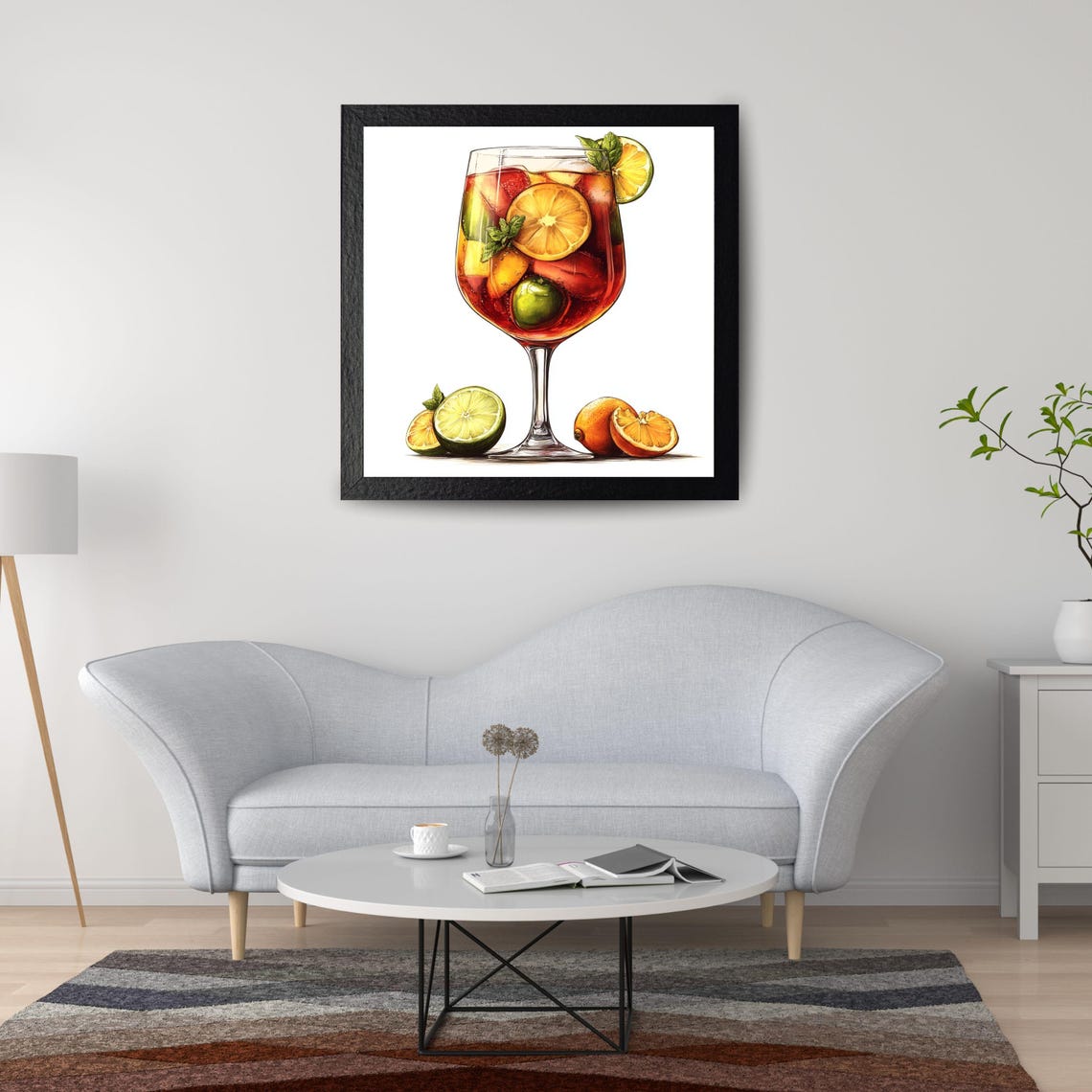 Square Minimalist Sangria Cocktail Wall Art, Fruit and Wine Line Art ...