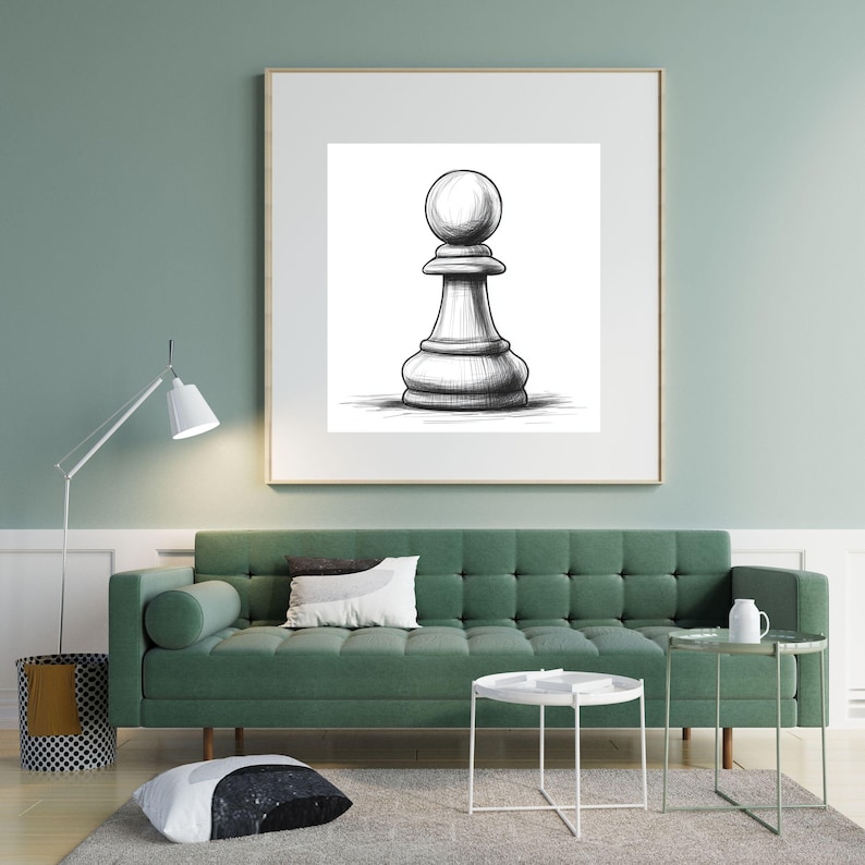 Square Pawn Chess Piece Sketch Art, Black and White Printable Wall Art ...