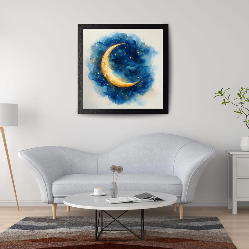 Dreamy Watercolor of a Crescent Moon With Sparkling Stars, Soft Blue ...