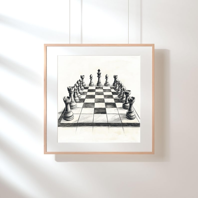 Square Chess Move Sketch Art, Black and White Printable Wall Art ...