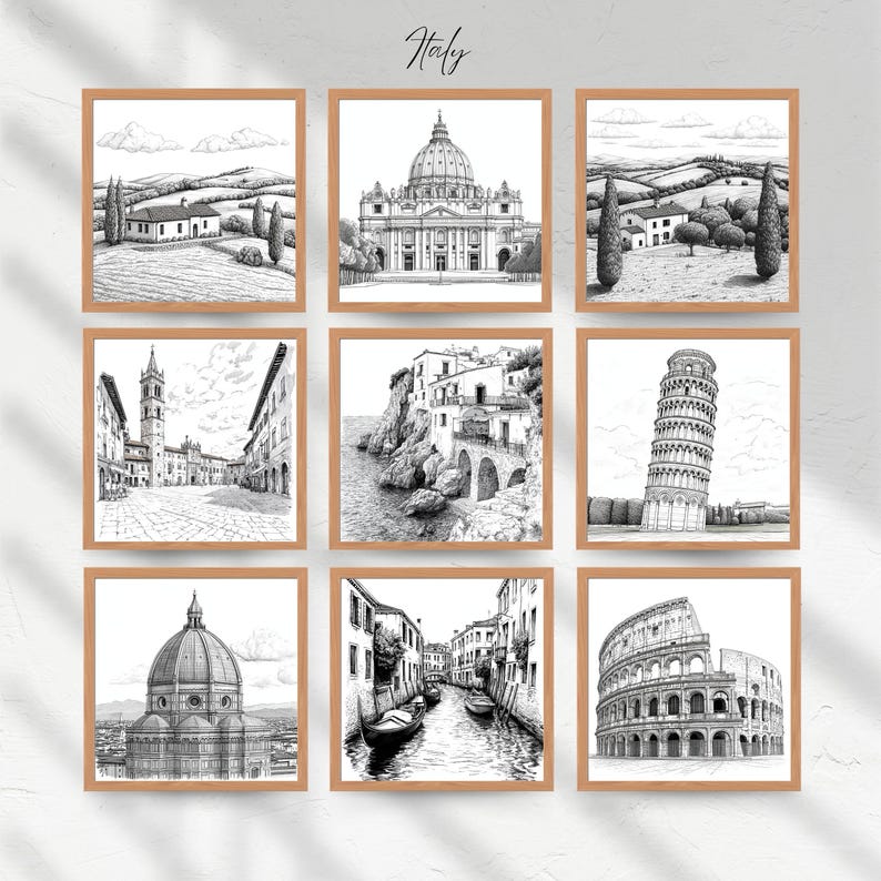 Square Italian Landmarks Sketch Art Set of 9, Black and White Printable ...