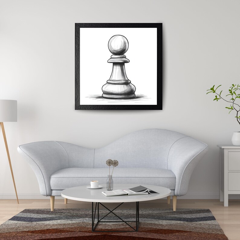 Square Pawn Chess Piece Sketch Art, Black and White Printable Wall Art ...