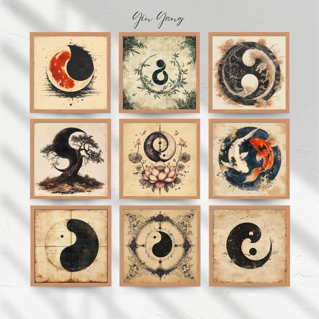 Square Yin Yang Vintage Sketch Art Set of 9, Zen-inspired Printable ...