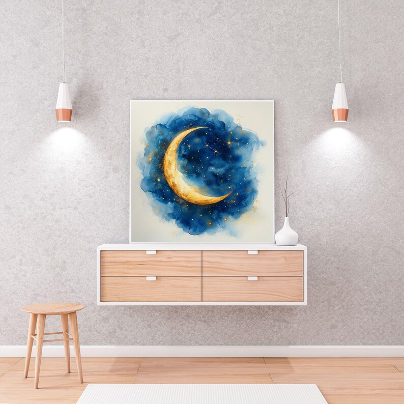 Dreamy Watercolor of a Crescent Moon With Sparkling Stars, Soft Blue ...