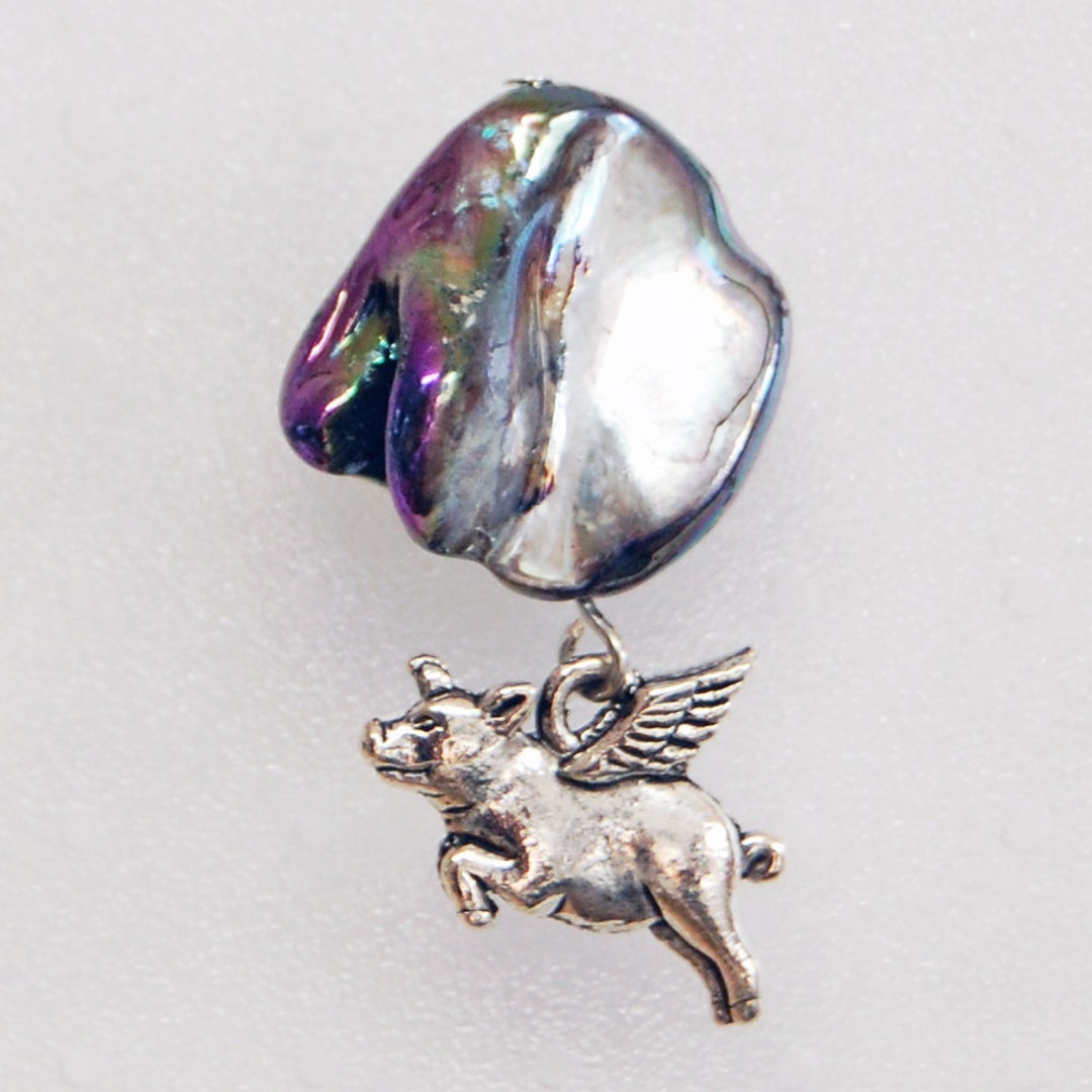 Flying Pig and AB Gray Blister Pearl Pin, Pigasus Pin, Pig With Wings ...