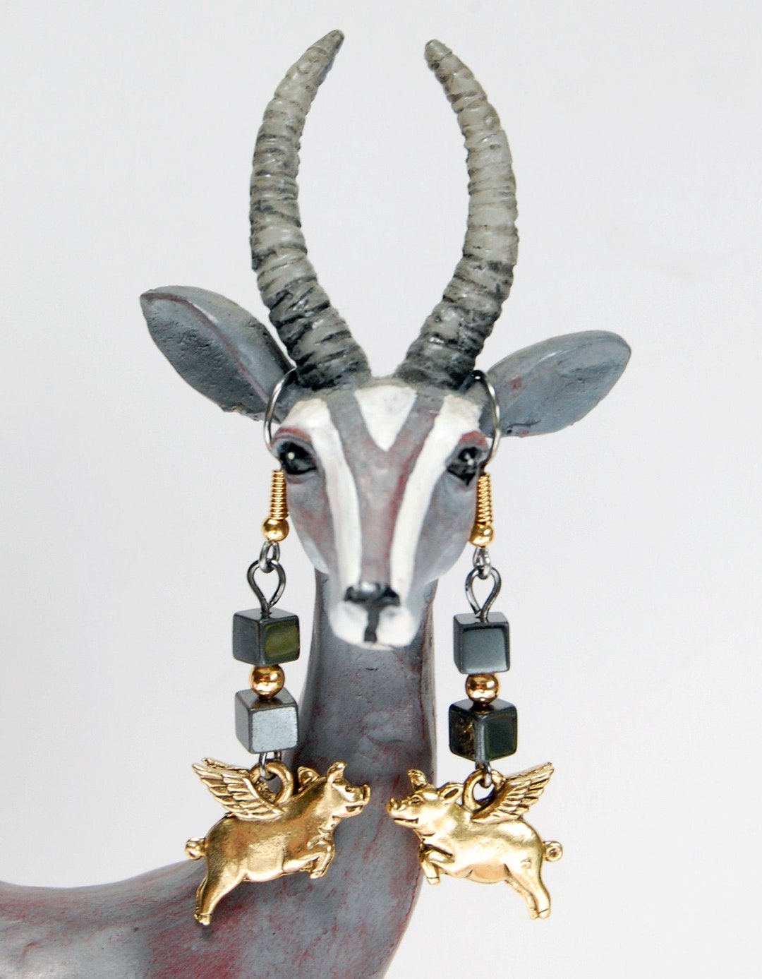 Golden Flying Pig and Hematite Earrings, Pigasus Jewelry, Pretty Pig ...