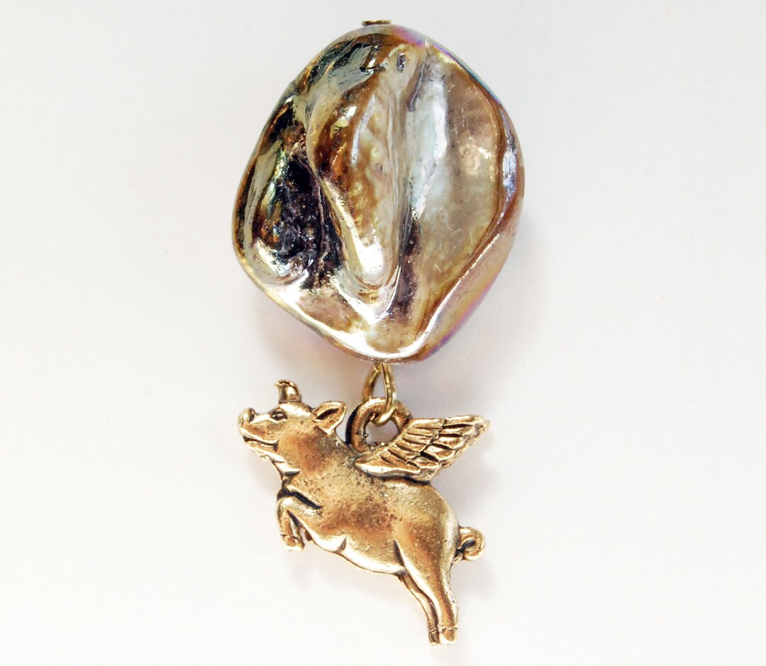 Pig With Wings and Golden AB Brown Blister Pearl Lapel Pin, Flying Pig ...