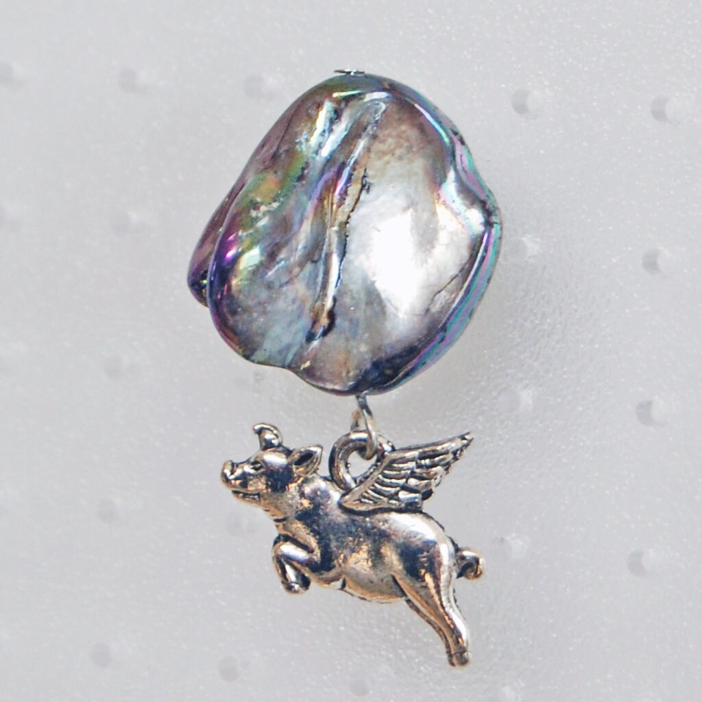 Flying Pig and AB Gray Blister Pearl Pin, Pigasus Pin, Pig With Wings ...