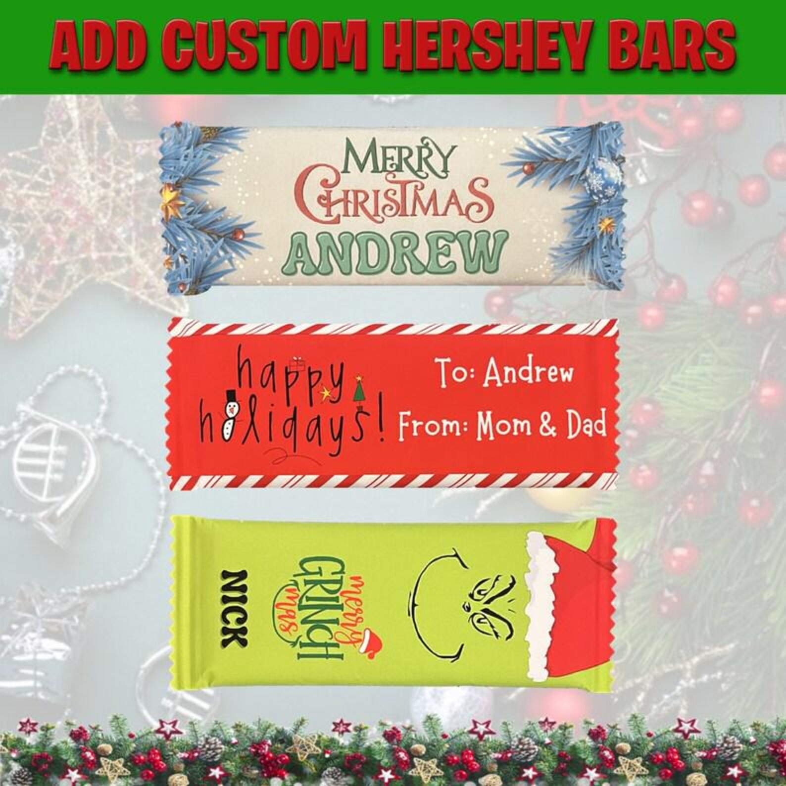 Christmas Candy Bar Wrappers - Grinch Candy Bar Wrapper | Personalized ...