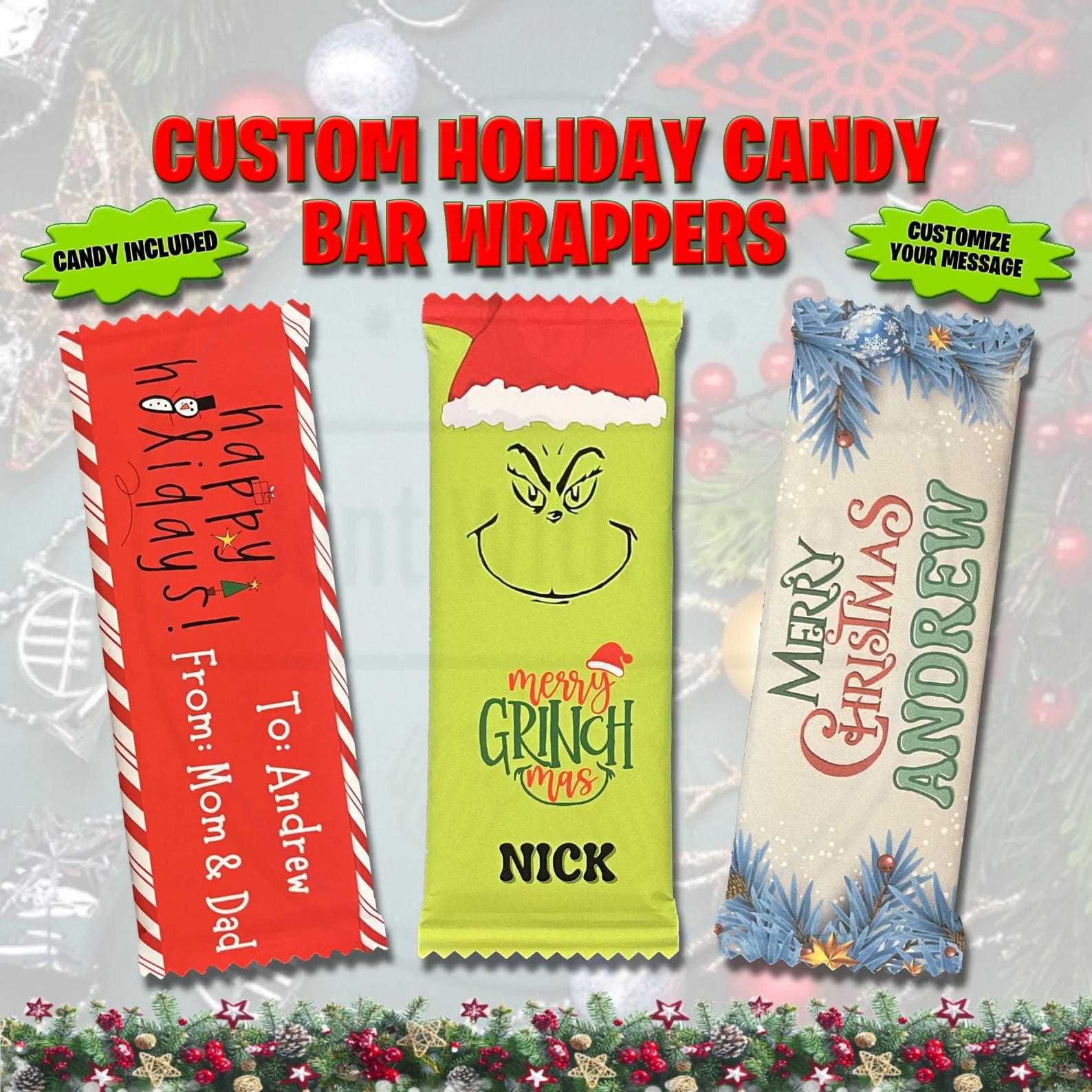 Christmas Candy Bar Wrappers - Grinch Candy Bar Wrapper | Personalized ...