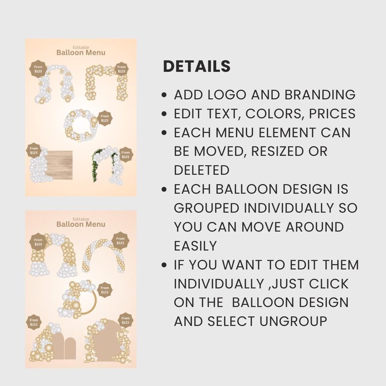 Editable Balloon Menu Template - Gold and Silver Theme - Etsy