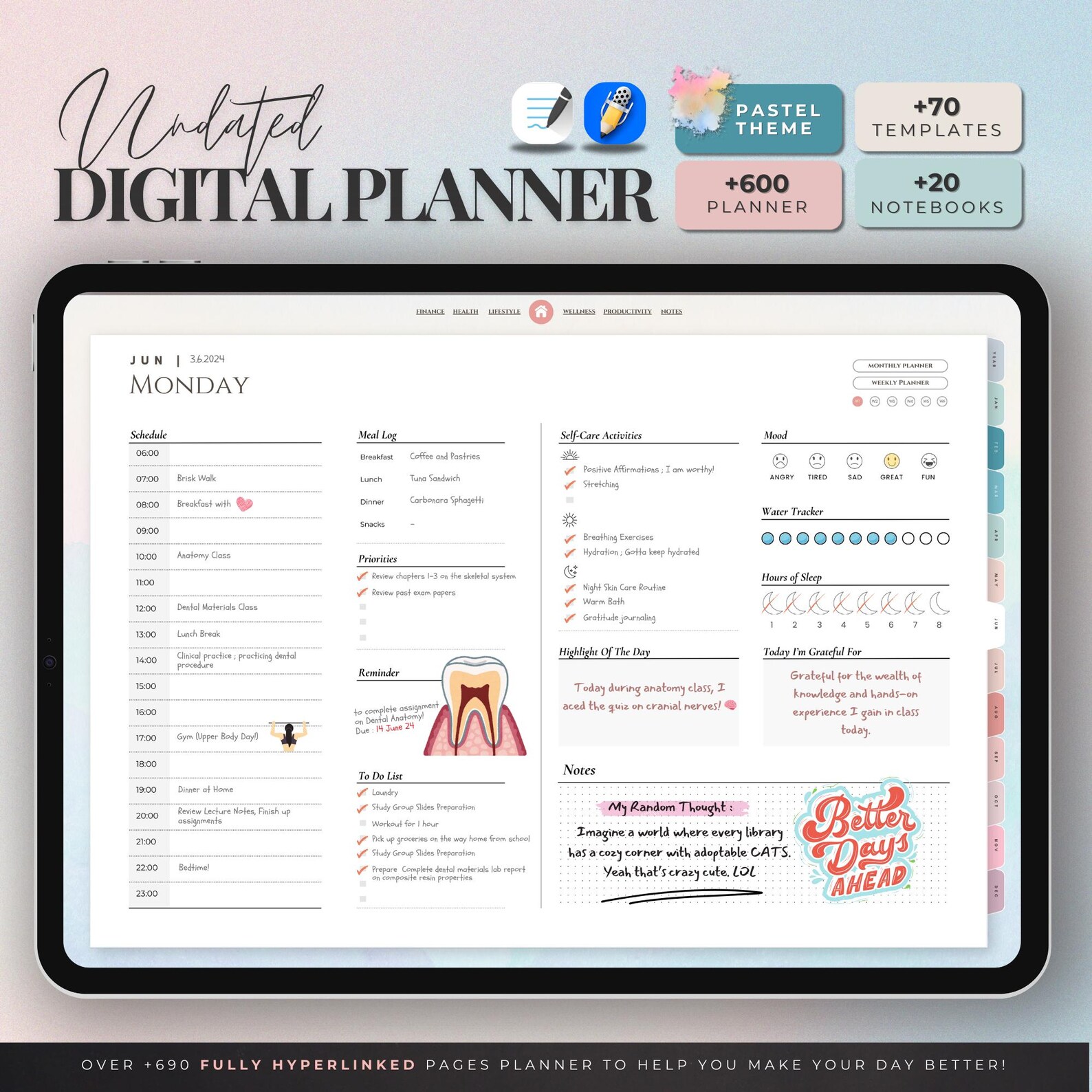 Pastel Undated Digital Planner, iPad Android Goodnotes Calendar ...