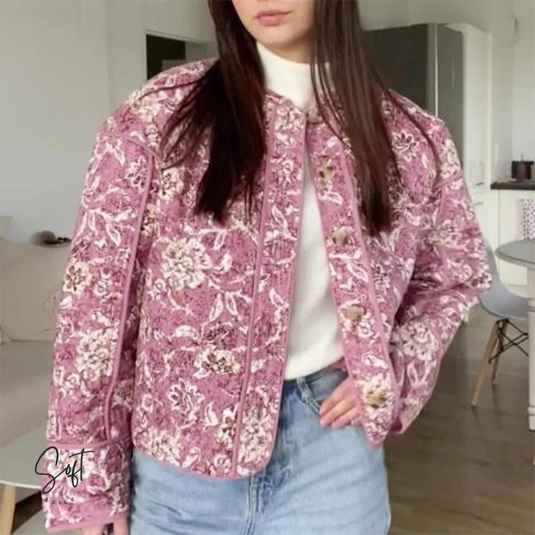 Boho Floral Quilted Jacket - Pink Cotton Puffer Coat - Vintage Style ...