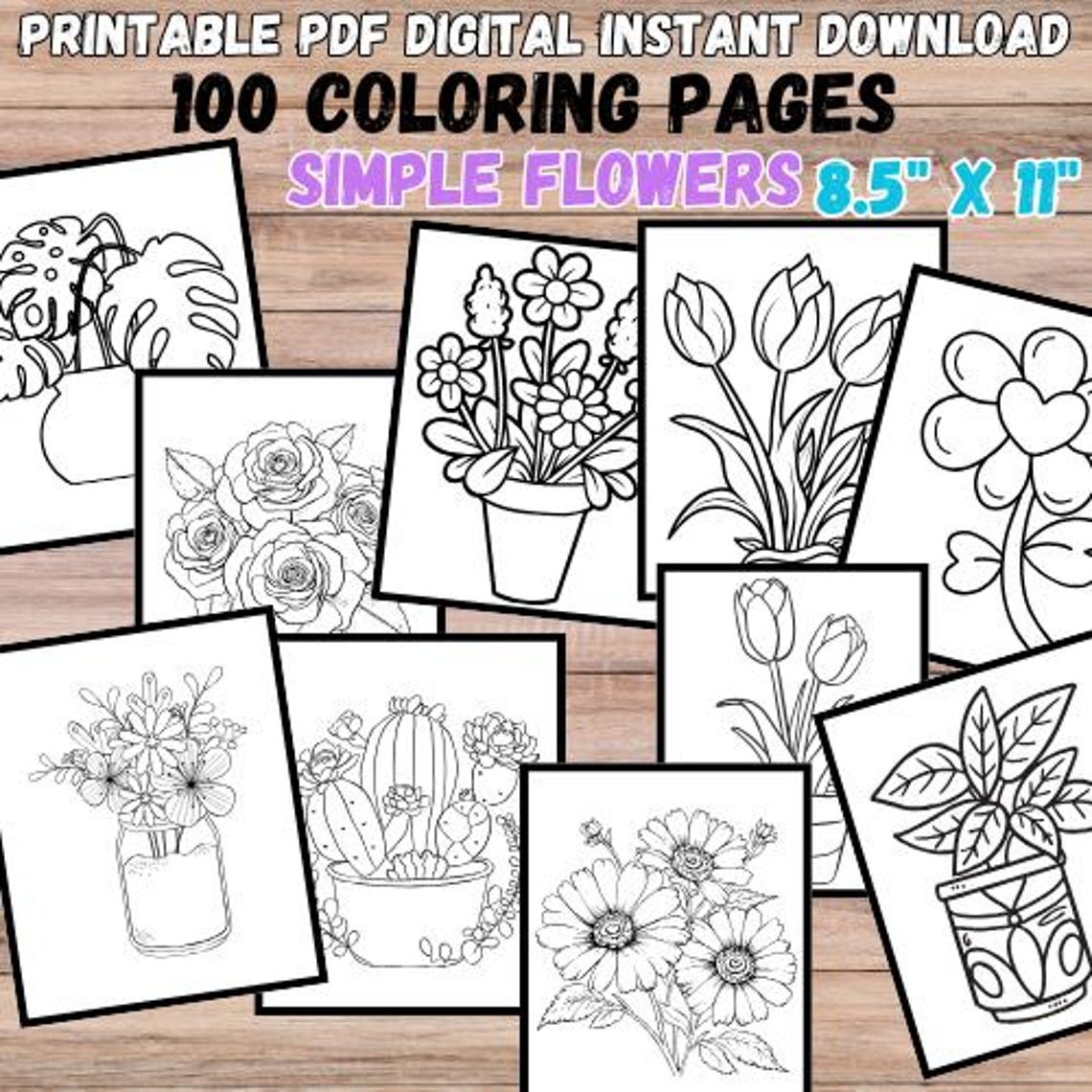 100 Simple Flowers Printable Coloring Pages - PDF Digital Download Easy ...