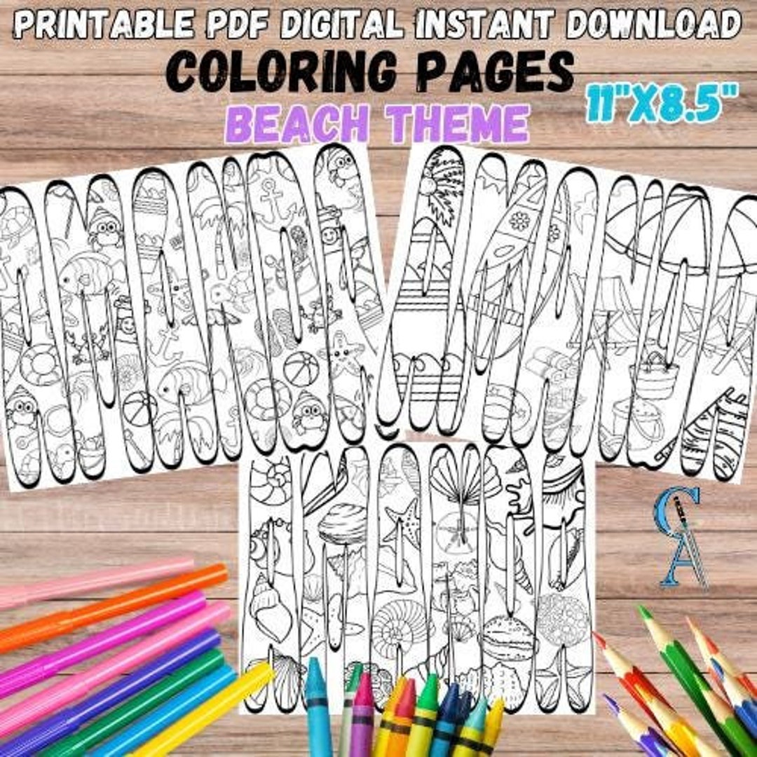 3 Coloring Pages With Custom Name Beach Theme Style Inside Each Letter ...