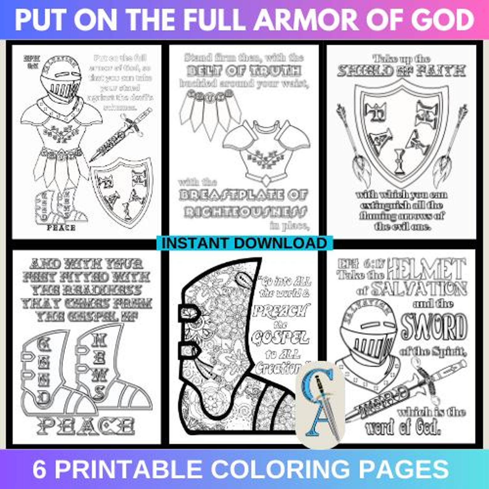 6 Put on the Full Armor of God Coloring Pages Instant Printable PDF ...
