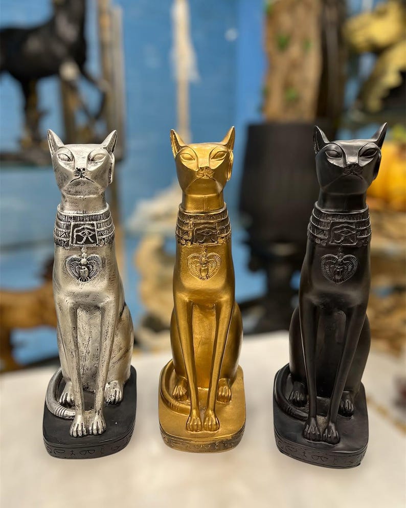 Egyptian Bastet Cat Statue – Resin Fiber Figurine in Gold, Silver, or ...
