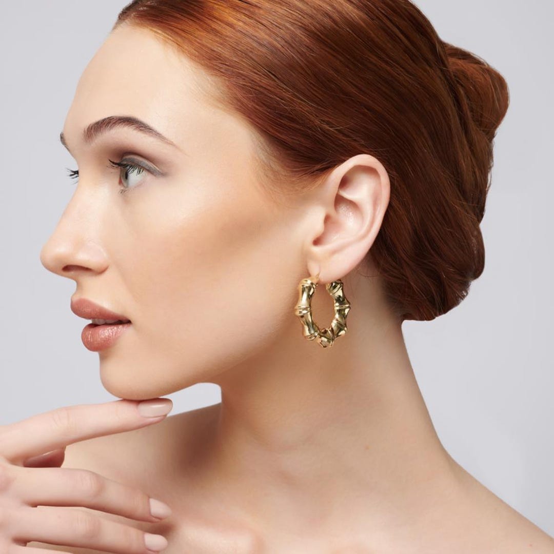 14K Solid Gold Bamboo Hoop Earrings – Modern Bone Design - Etsy
