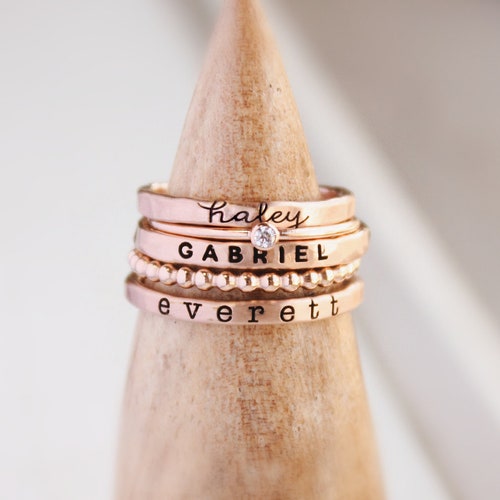 Name Rings Rose Gold Stacking Rings Set Personalized Stackable | Etsy