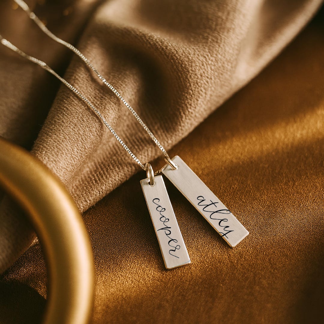 Cursive Engraved Name Bar Necklace | Sterling Silver, Gold | Mother's ...