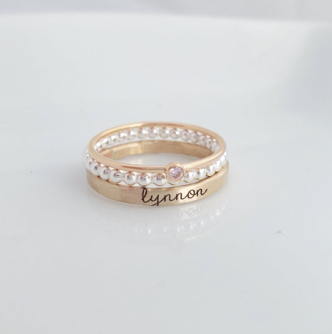 Cursive Name Ring Set Name and Birthstone Rings Gold Name Rings ...