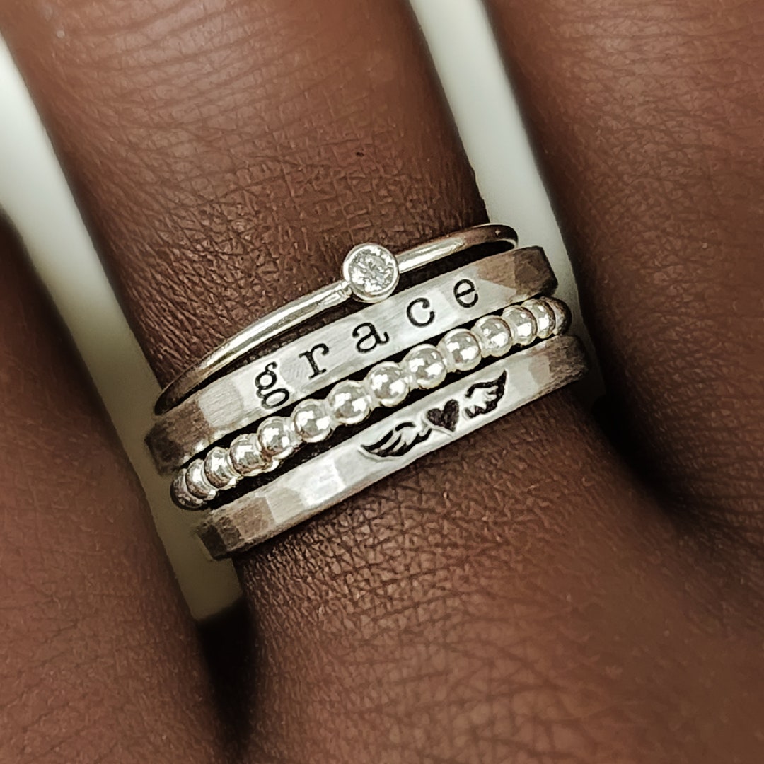Angel Wing Ring Set Mother Gift Gift Personalized Kids Names Rings Silver Stackable Rings ...