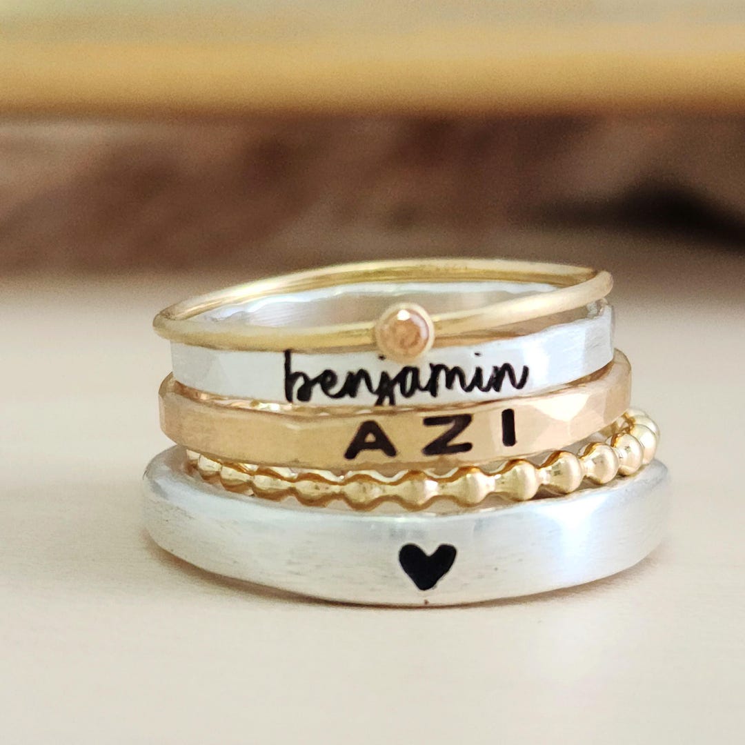 Personalized Stacking Name Rings Set, Engraved With Kids' Names, Dates ...