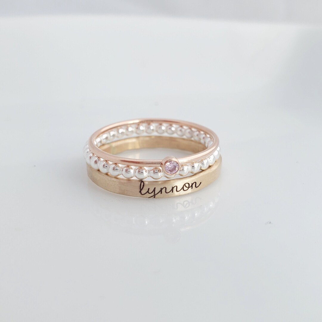 Cursive Name Ring Set, Name and Birthstone Rings, Gold Name Rings ...