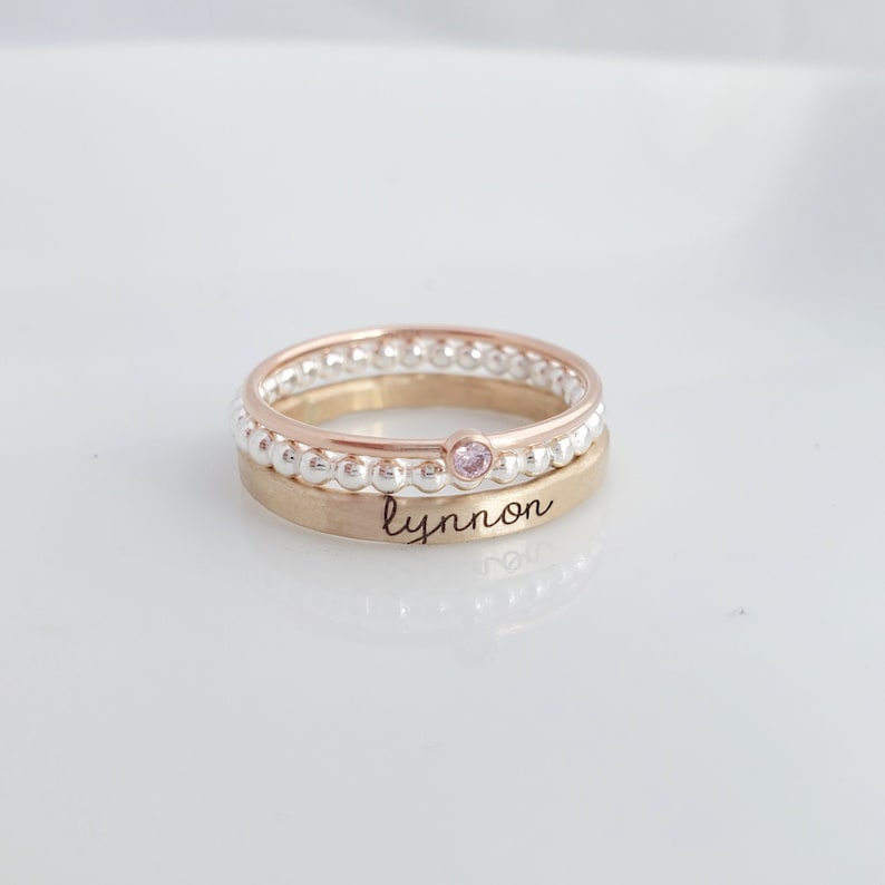 Cursive Name Ring Set Name and Birthstone Rings Gold Name - Etsy