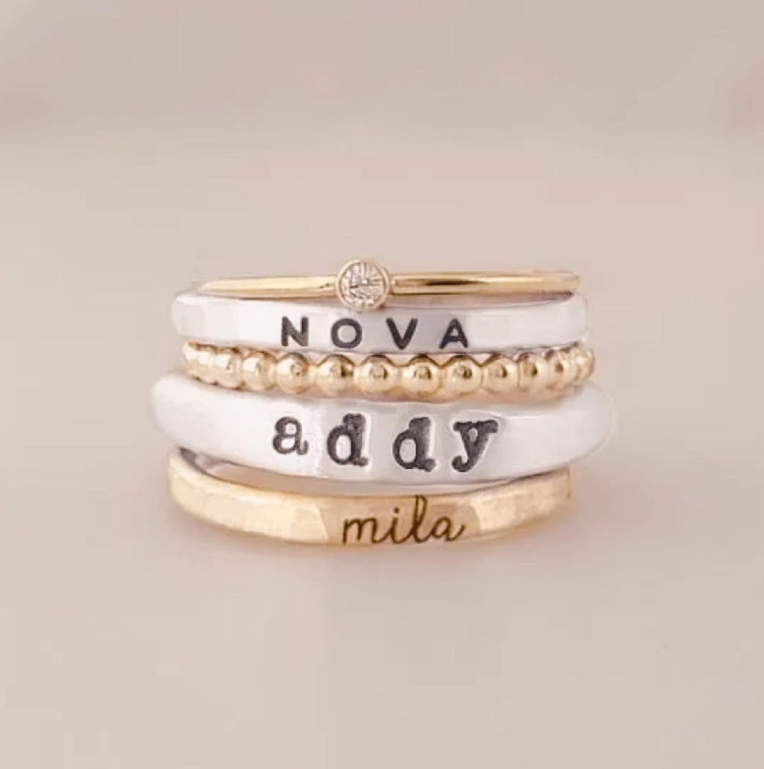 Handmade Stacking Name Rings Stackable Name Rings With Texture Mixed Metals Artisan Stackable ...
