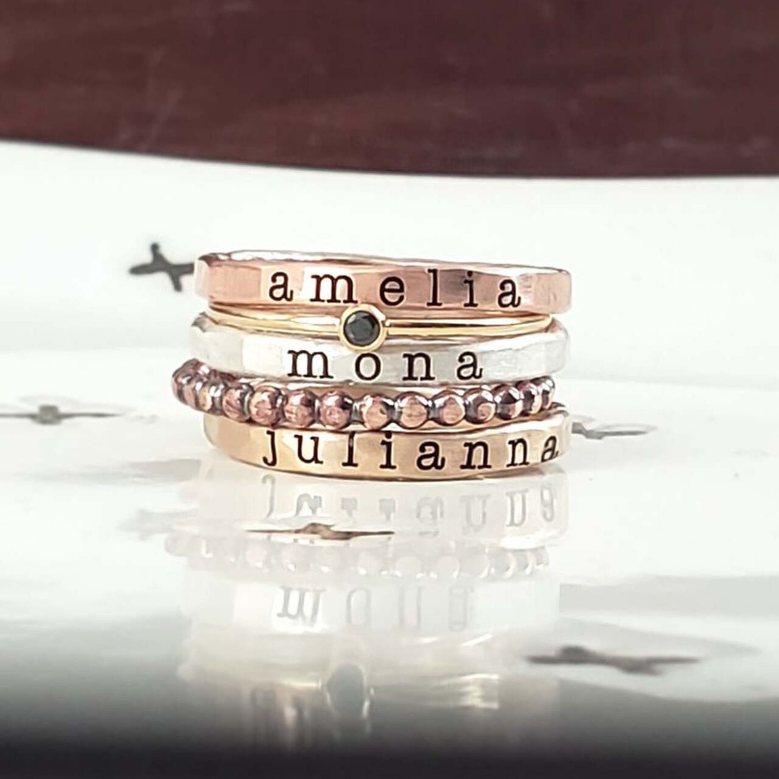 Personalized Gold Filled Stacking Rings | Engraved Name Ring Set ...