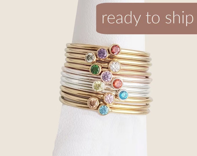 Engraved Stacking Name Ring With Birthstone, Personalized Stackable ...