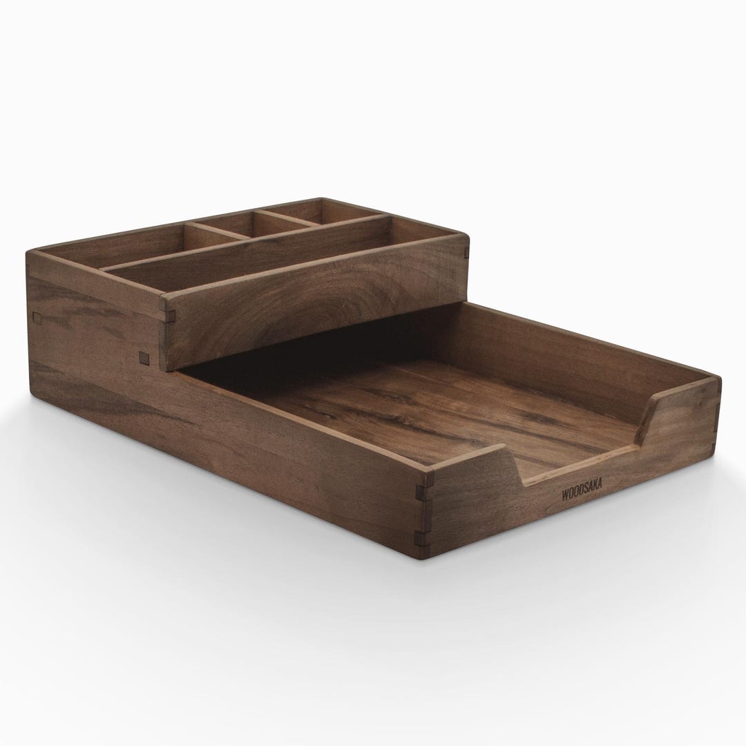 Solid Walnut All-in-1 Desktop Organizer: A4 Paper Tray + 4 Compartments ...