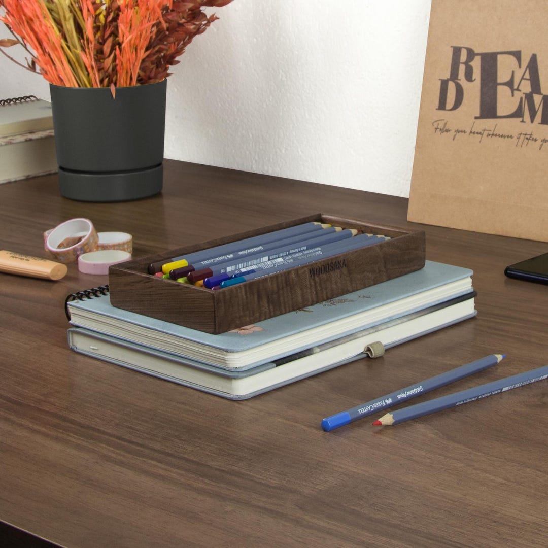 Solid Walnut Horizontal Pen Tray - Ultra-slim Desk Organizer for 10 ...