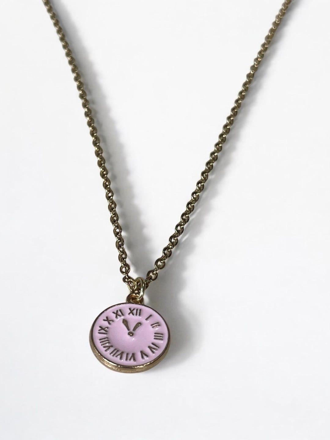 16K Gold Plated Chain Pink Clock Charm Necklace - Etsy