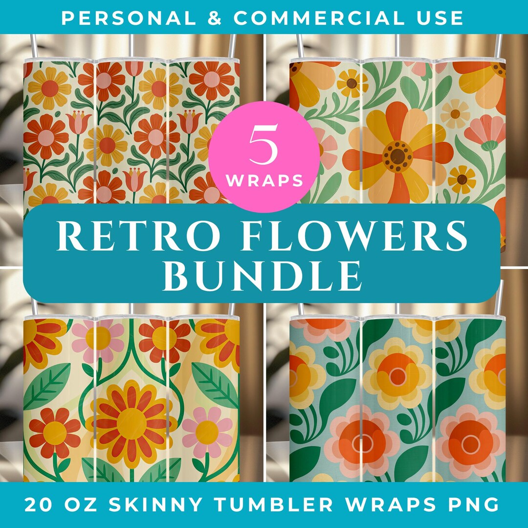 Retro Flowers Tumbler Wrap Bundle: 70s Style Seamless Floral 20oz ...