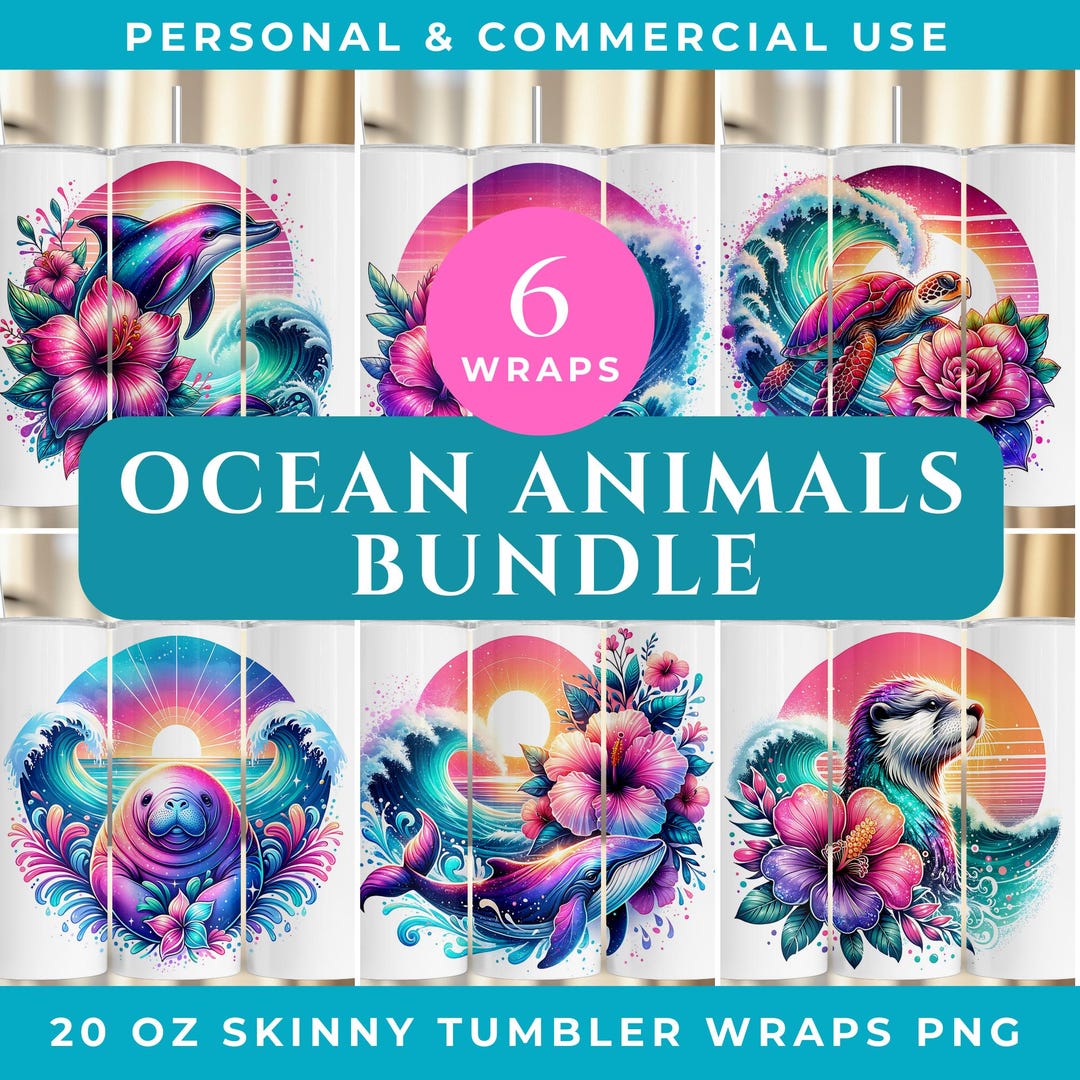 Ocean Animals Tumbler Wrap Bundle, Cute Marine Life 20oz Skinny Tumbler ...