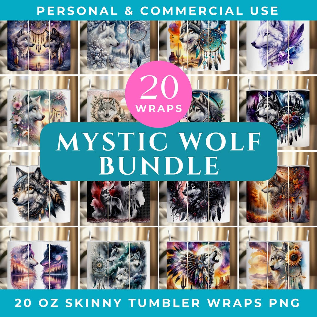 Mystic Wolf Tumbler Wrap Bundle, Beautiful Wolves 20oz Skinny Tumbler ...
